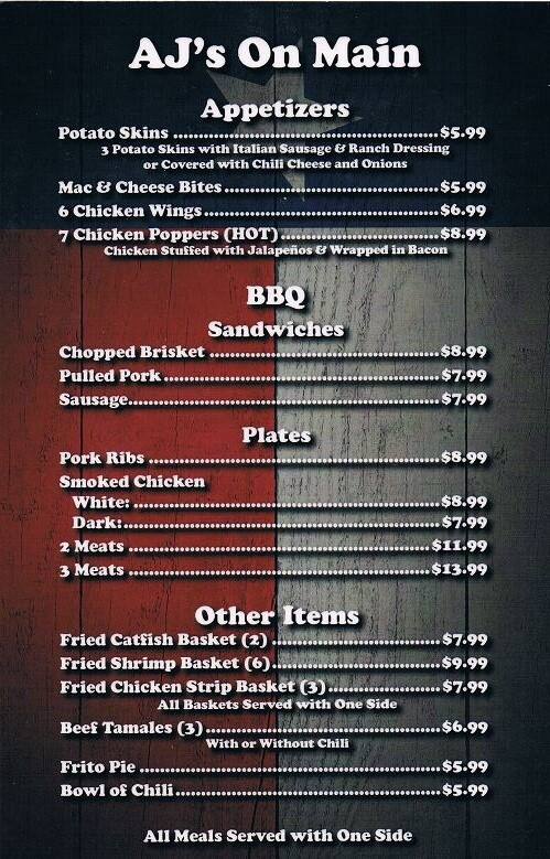 AJ's on Main menu, Menu restauracji AJ's on Main, Grapevine, Grapevine ...
