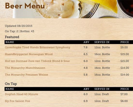 Menu at Yardley Inn restaurant, Yardley