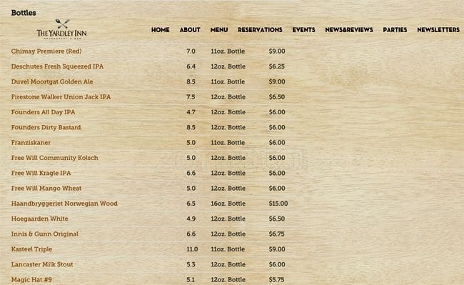 Menu at Yardley Inn restaurant, Yardley