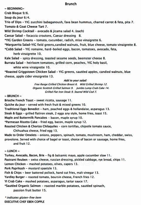 Menu at Yardley Inn restaurant, Yardley