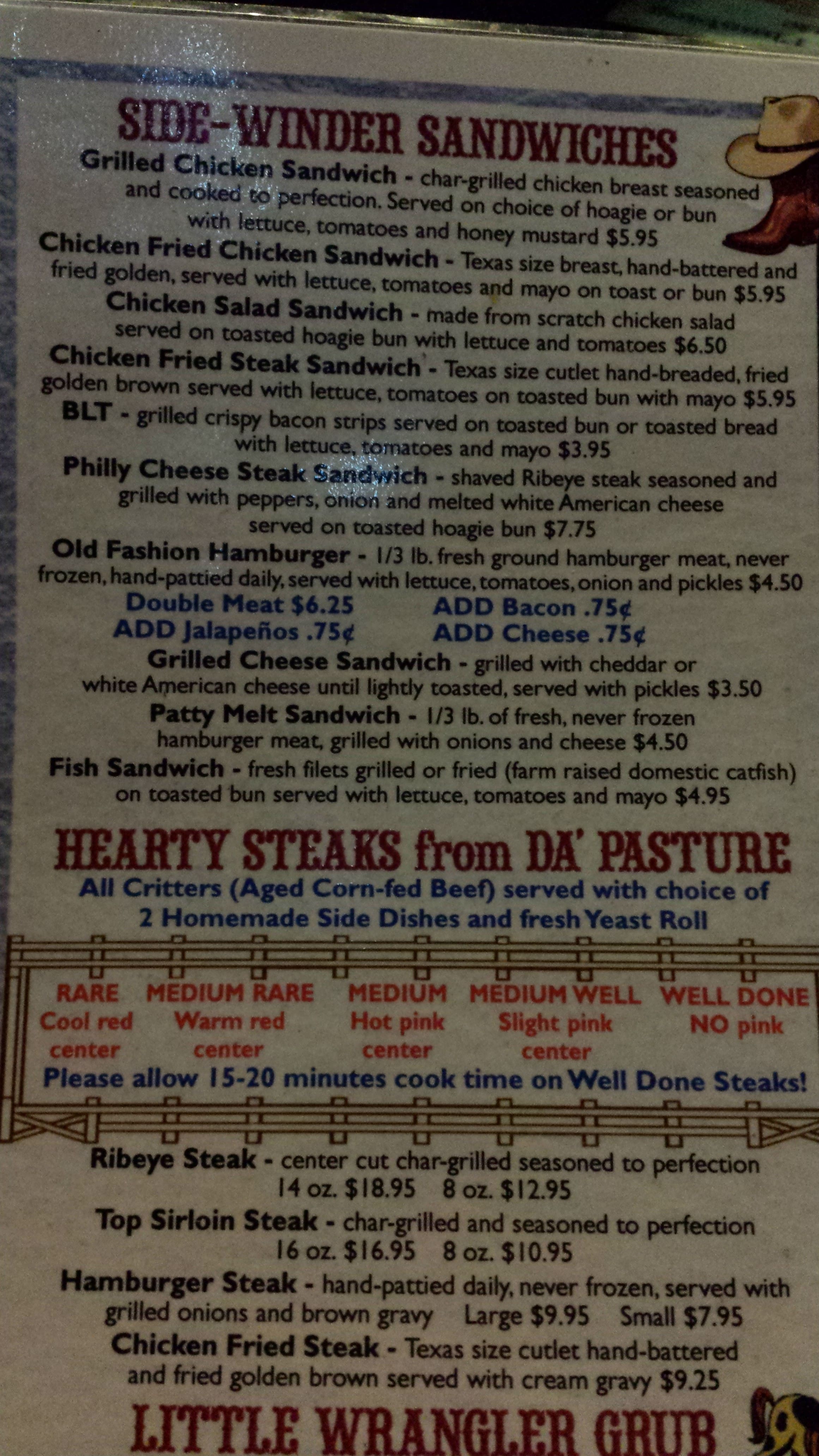 Menu at Billy B's Sale Barn Cafe, Groesbeck, E Hwy 164