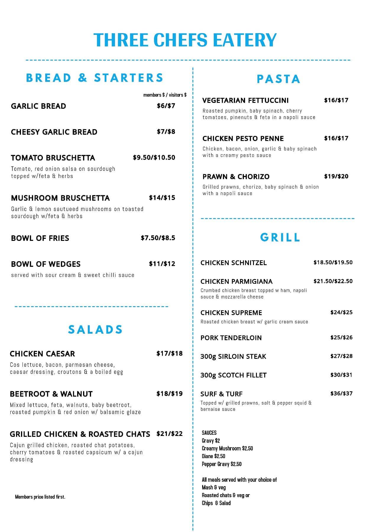 Menu at Three Chefs Eatery restaurant, Towradgi, 2A Towradgi Rd