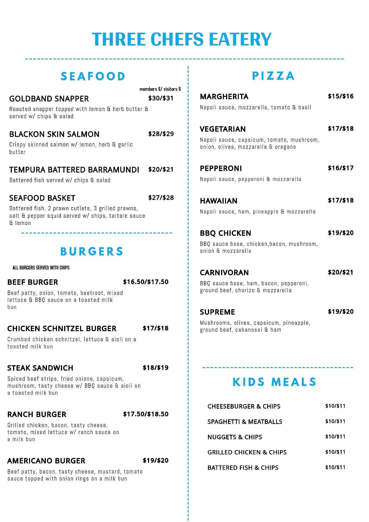 Menu at Three Chefs Eatery restaurant, Towradgi, 2A Towradgi Rd