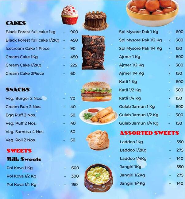 Menu at Sri Kumar's Sweets& Bakery, Avadi