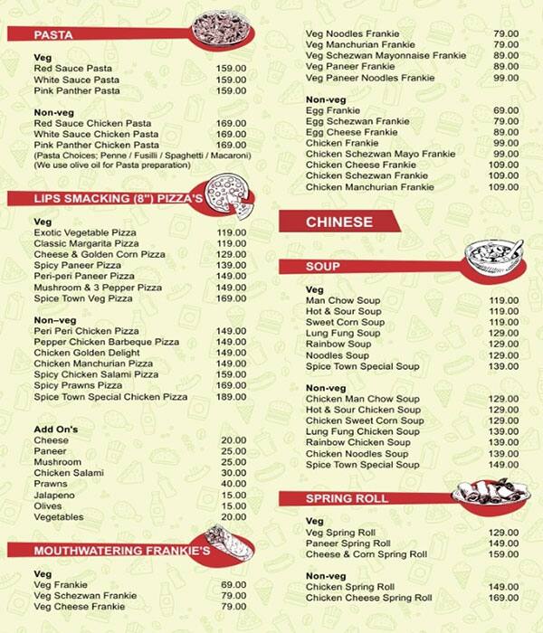 Menu at Spice town, Mumbai