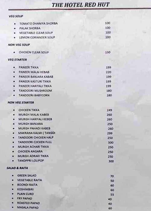 Menu of The Hotel Red Hut, Wagholi, Pune