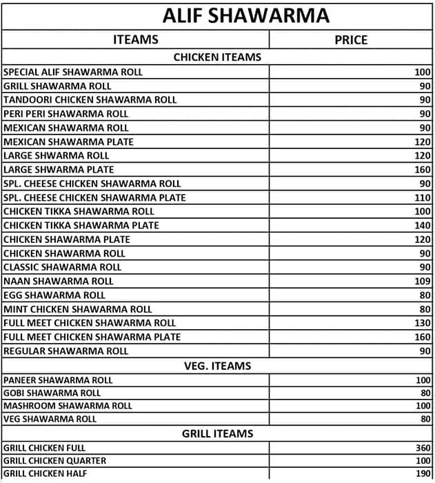 Menu of Alif Shawarma, Navallur, Chennai