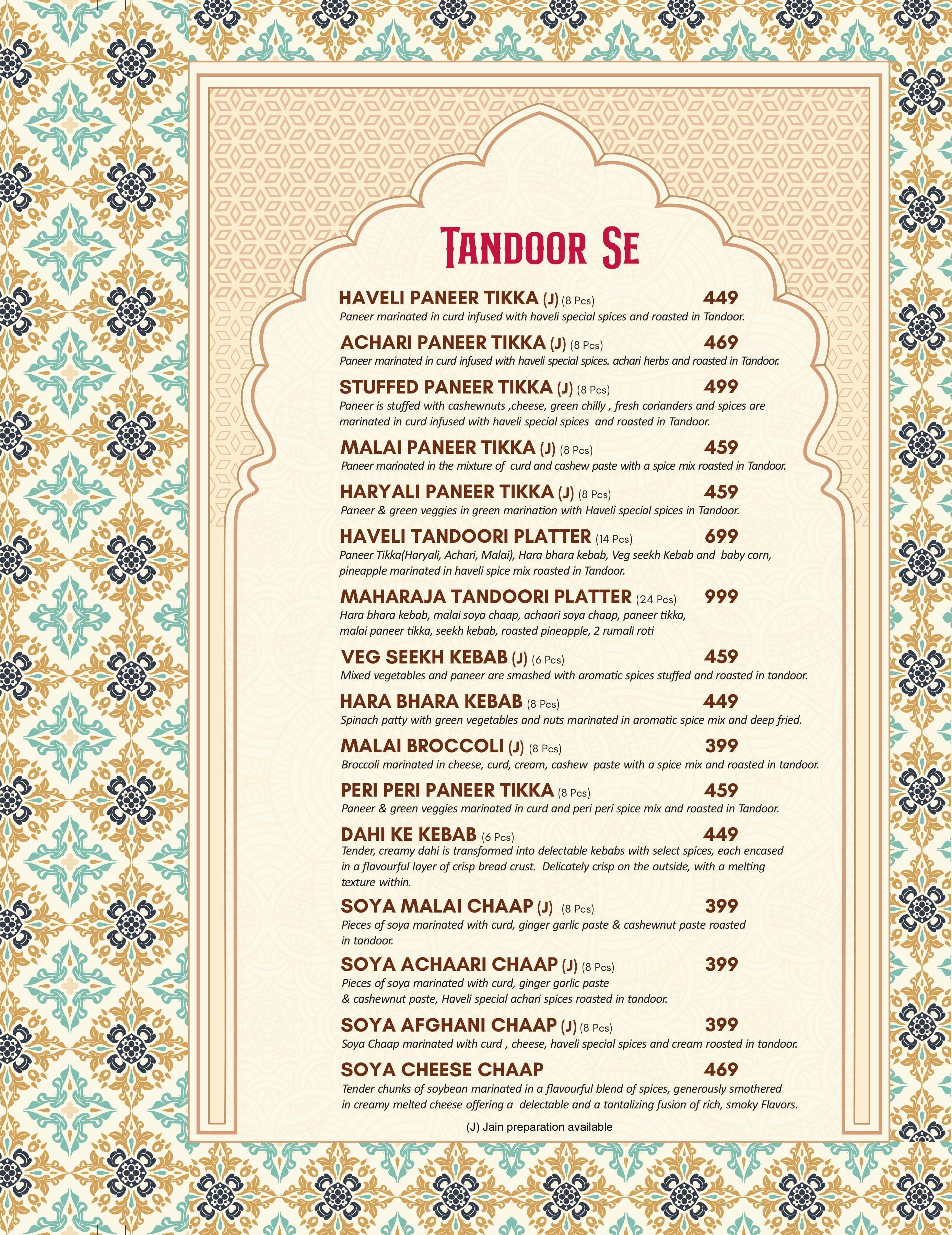 Menu of Amritsar Haveli, Prahlad Nagar, Ahmedabad