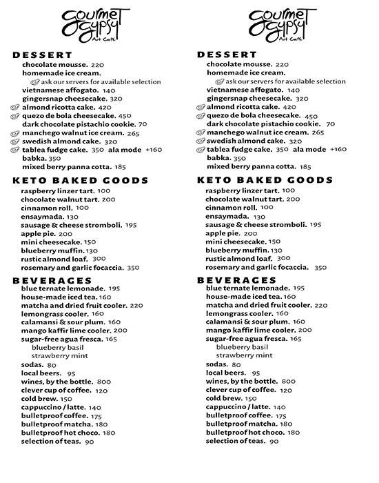 Menu at Gourmet Gypsy Art Café cafe, Quezon City
