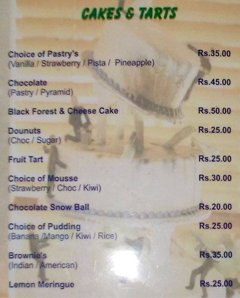 Menu at Chef's Bakery, Chennai
