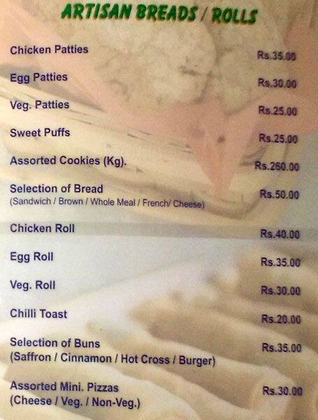 Menu at Chef's Bakery, Chennai