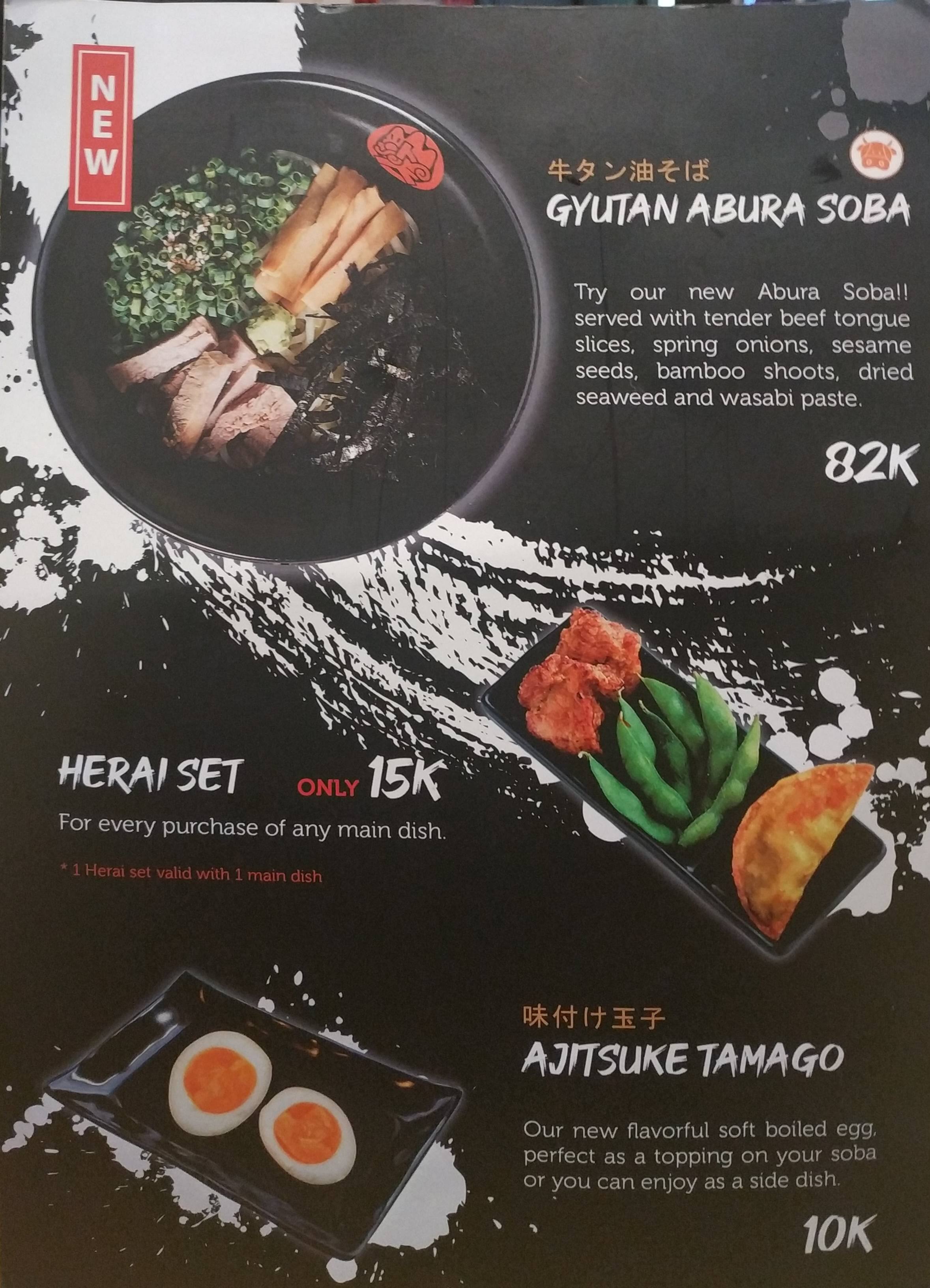 Menu at Abura Soba Yamatoten restaurant, Jakarta, Grand Indonesia