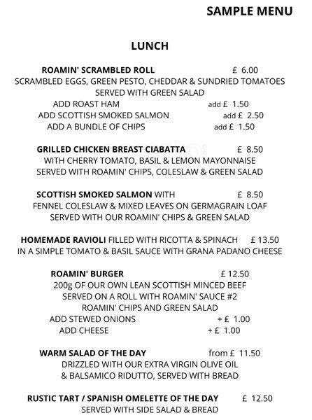 Menu at The Roamin Nose cafe, Edinburgh