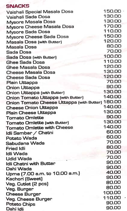 Menu of Vaishali, FC Road, Pune