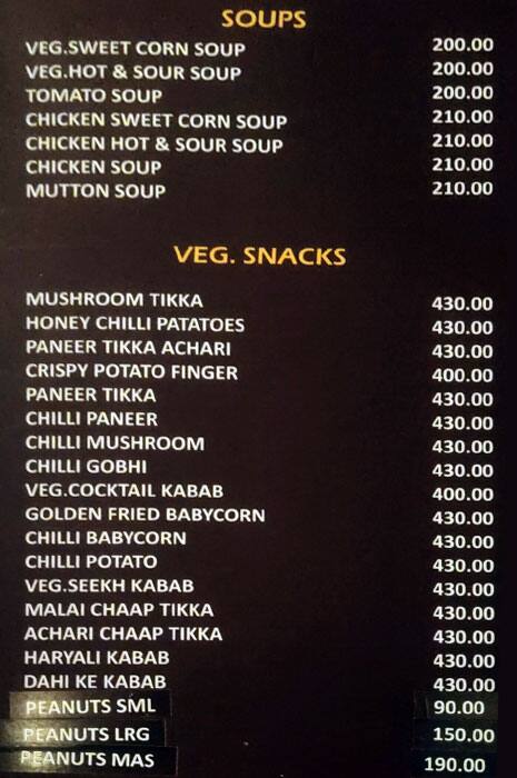 Menu of Minar, Connaught Place, New Delhi