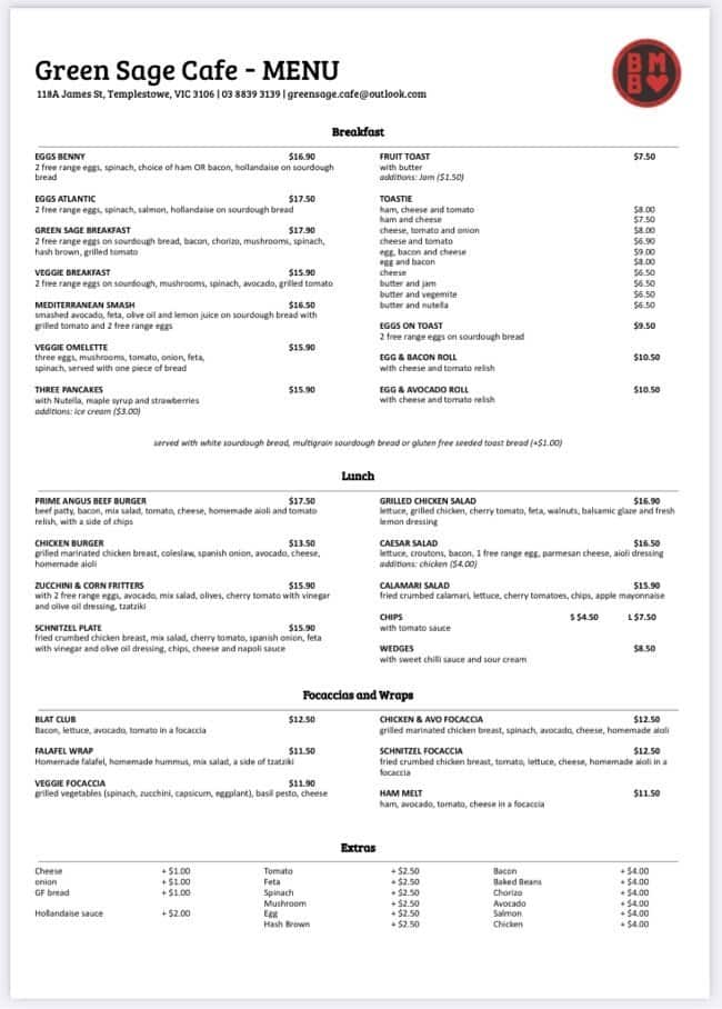 Menu at Green Sage Cafe (Food Made By Mom By Love), Templestowe