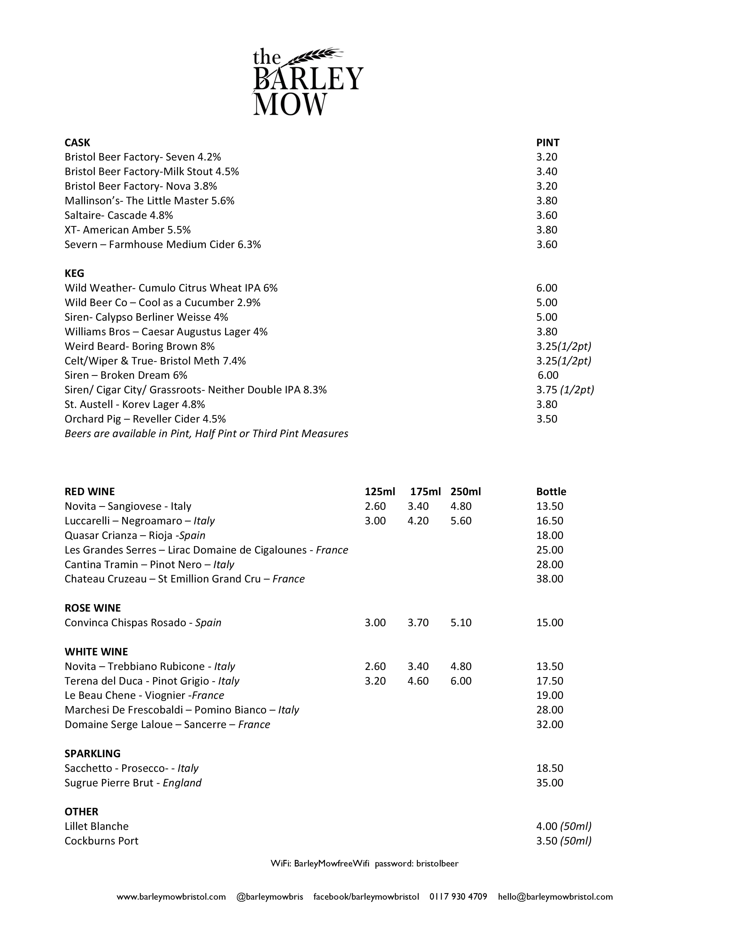 Menu at The Barley Mow, Bristol, 39 Barton Rd