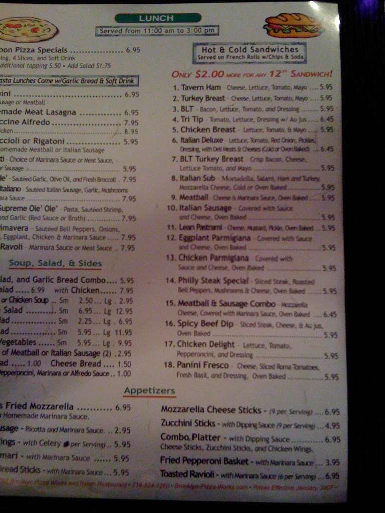 Menu at Brooklyn Pizza Works restaurant, Placentia