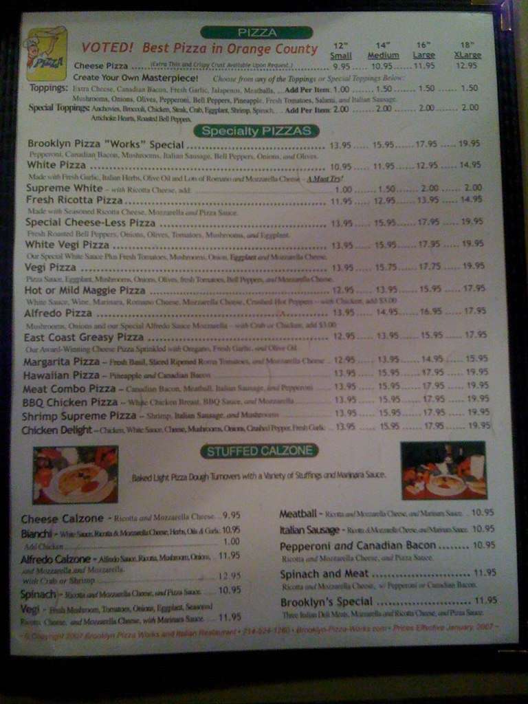 Menu at Brooklyn Pizza Works restaurant, Placentia