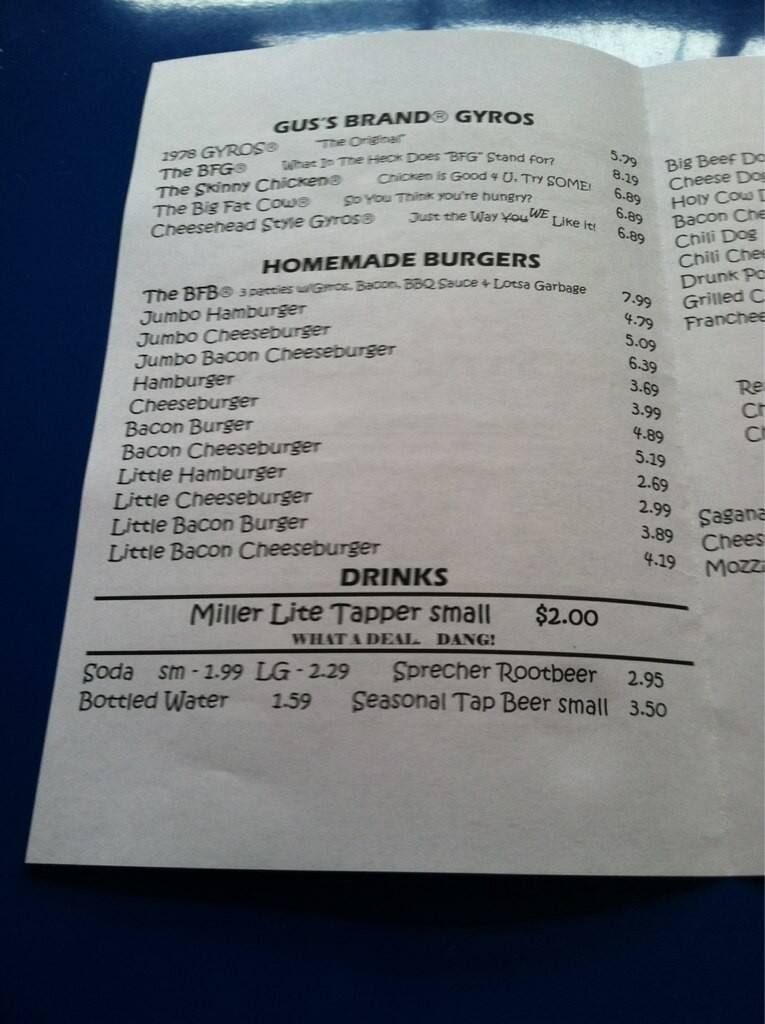 Menu at Gus's Gyros restaurant, Racine