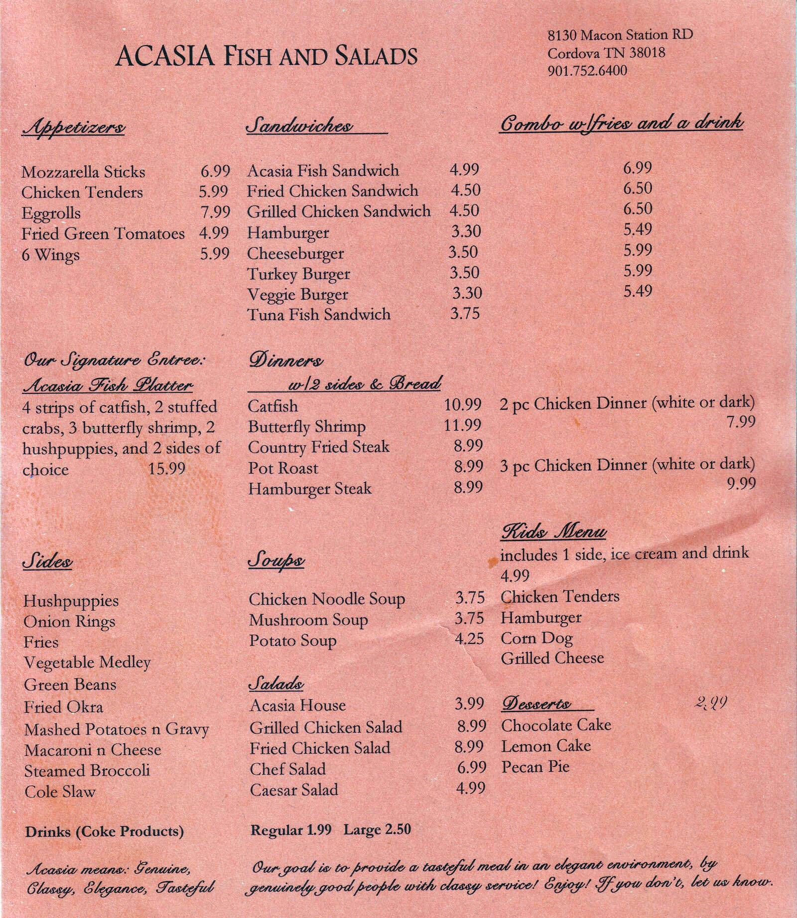 Menu at Acasia restaurant, Memphis