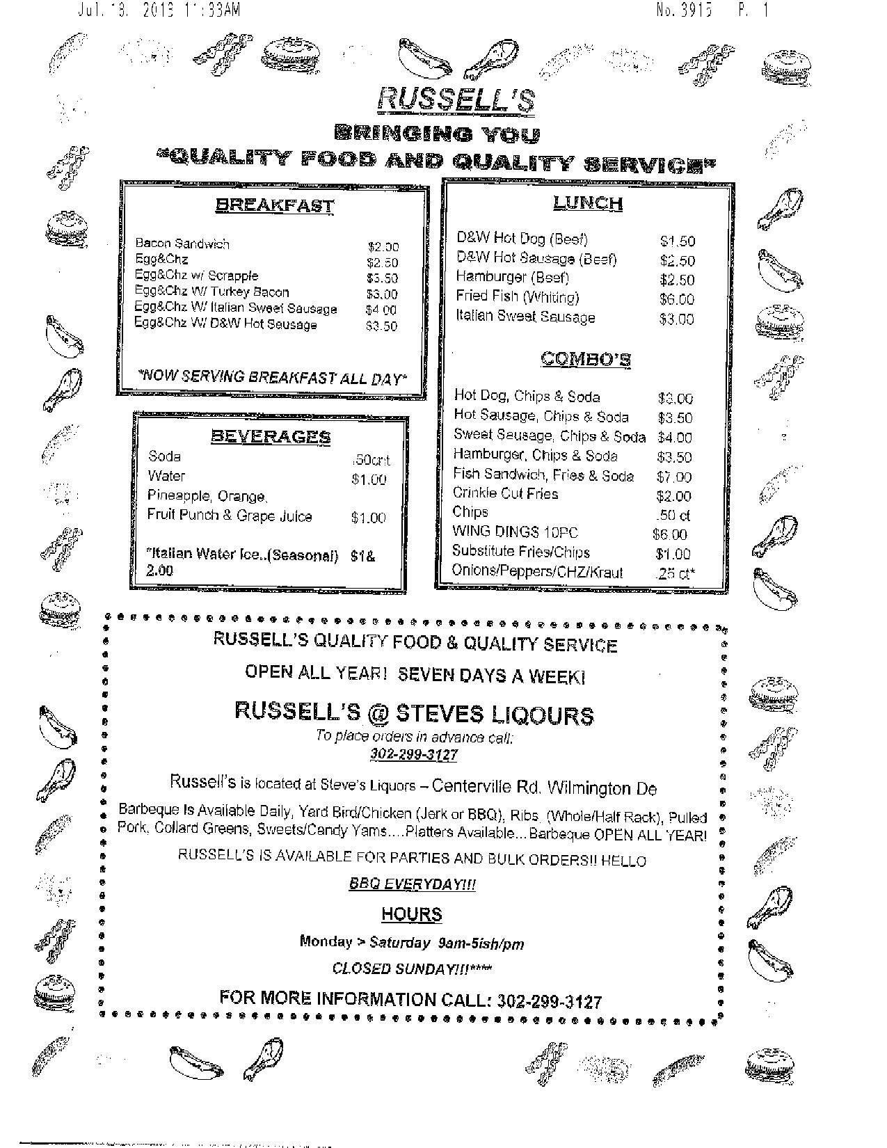 Menu at Russell's Quality Foods BBQ, Wilmington, Centerville Rd