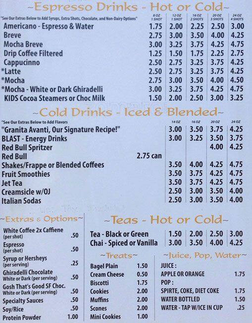 Menu at Avanti Espresso cafe, Bonney Lake