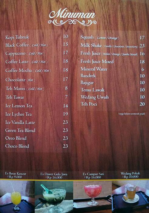 Menu at Rumah Jawa Jorr restaurant, Bekasi Regency