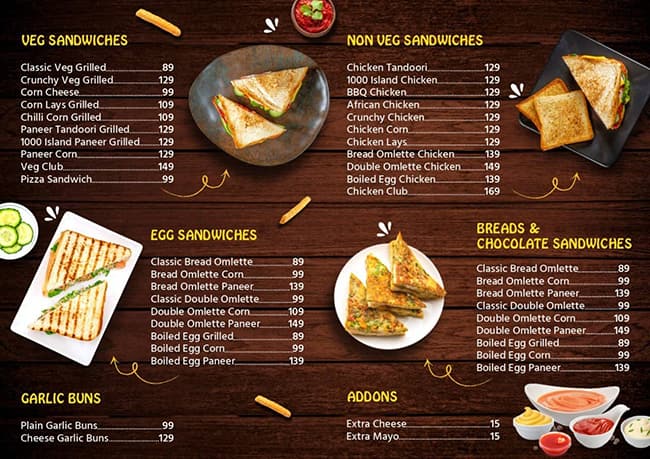 Menu of The Sandwich Club, Viswanathapuram, Madurai