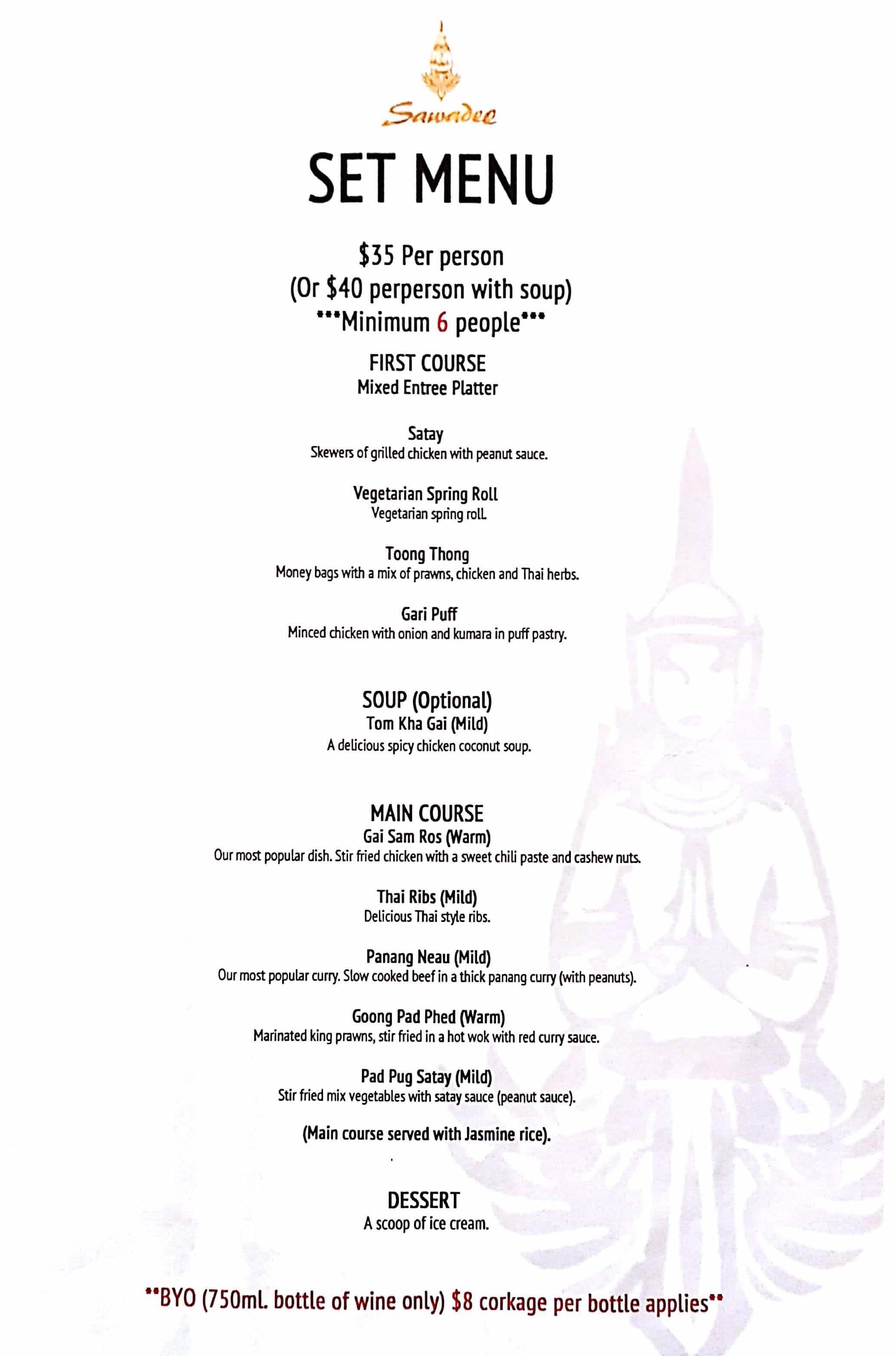 Menu at Sawadee cafe, Auckland