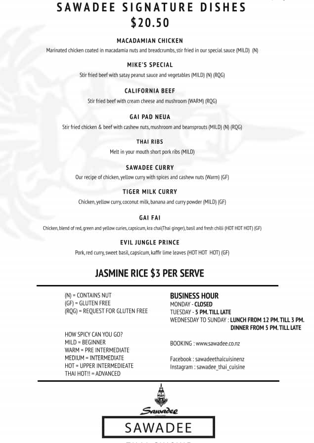 Menu at Sawadee cafe, Auckland