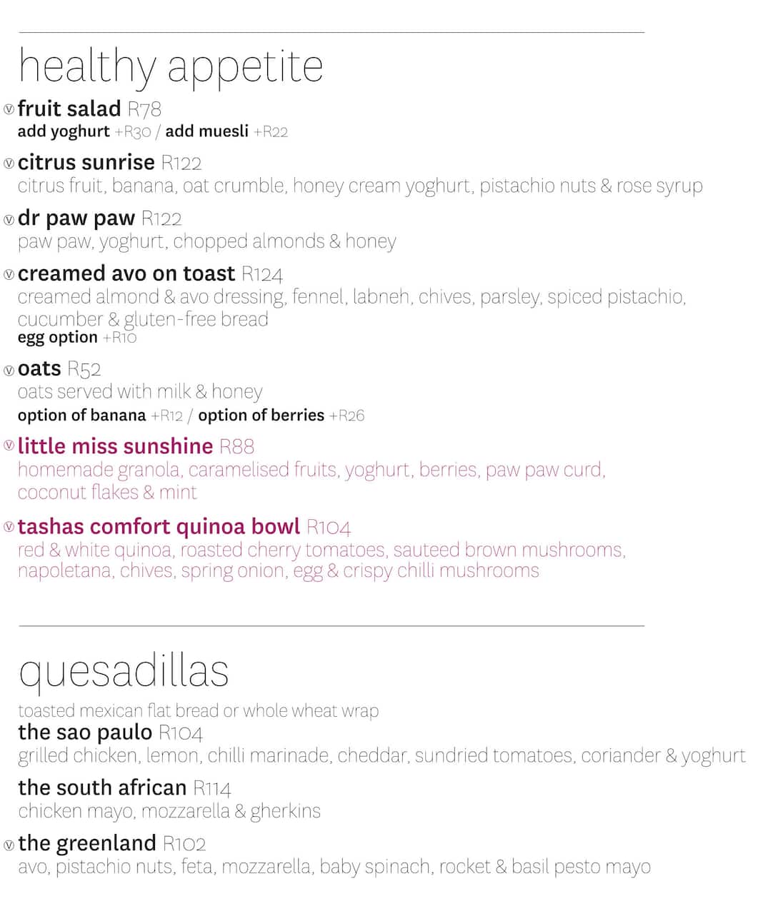 Speisekarte von tashas Menlyn Maine restaurant, Pretoria, Ext2