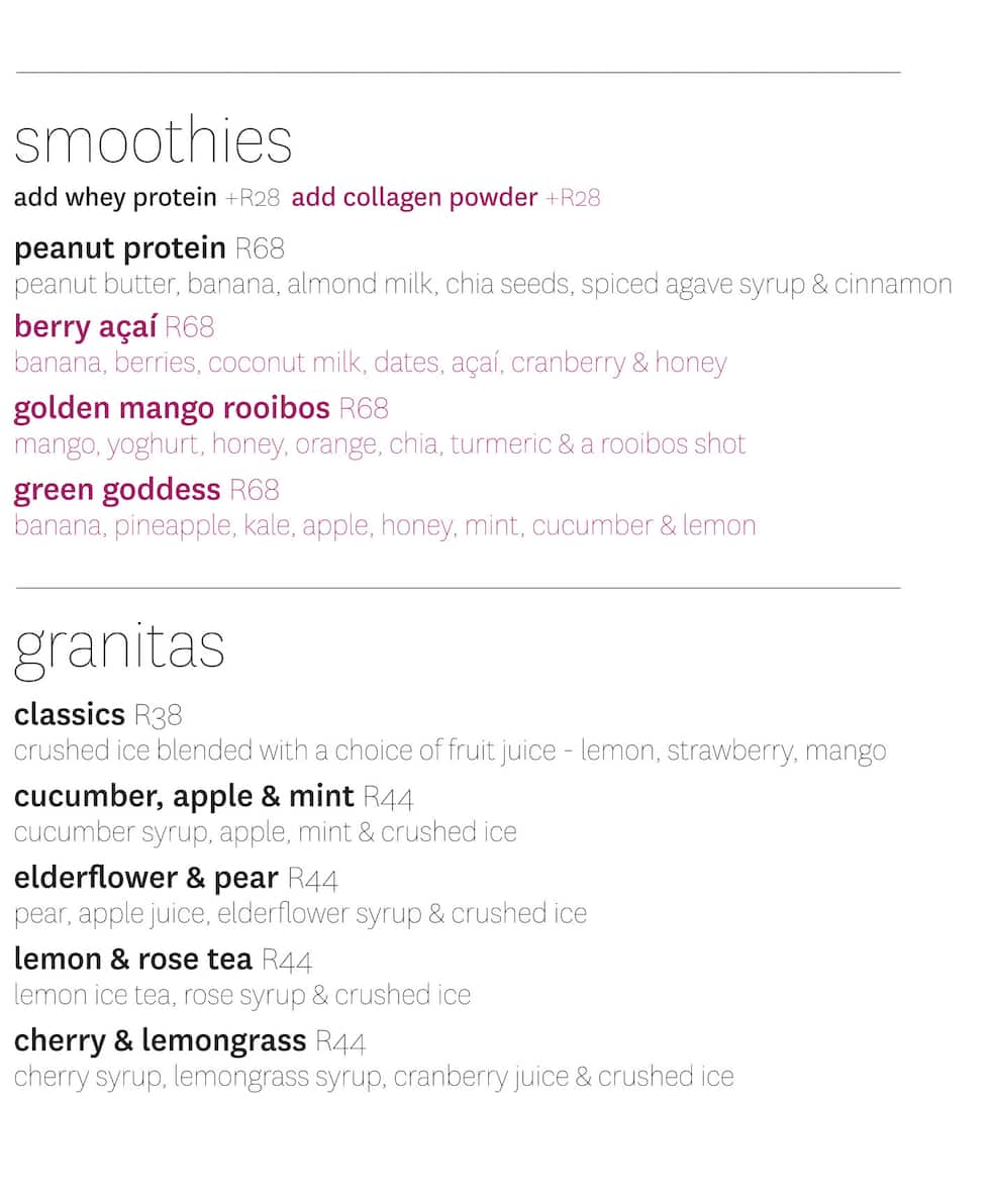 Menu at tashas Menlyn Maine restaurant, Pretoria, Ext2