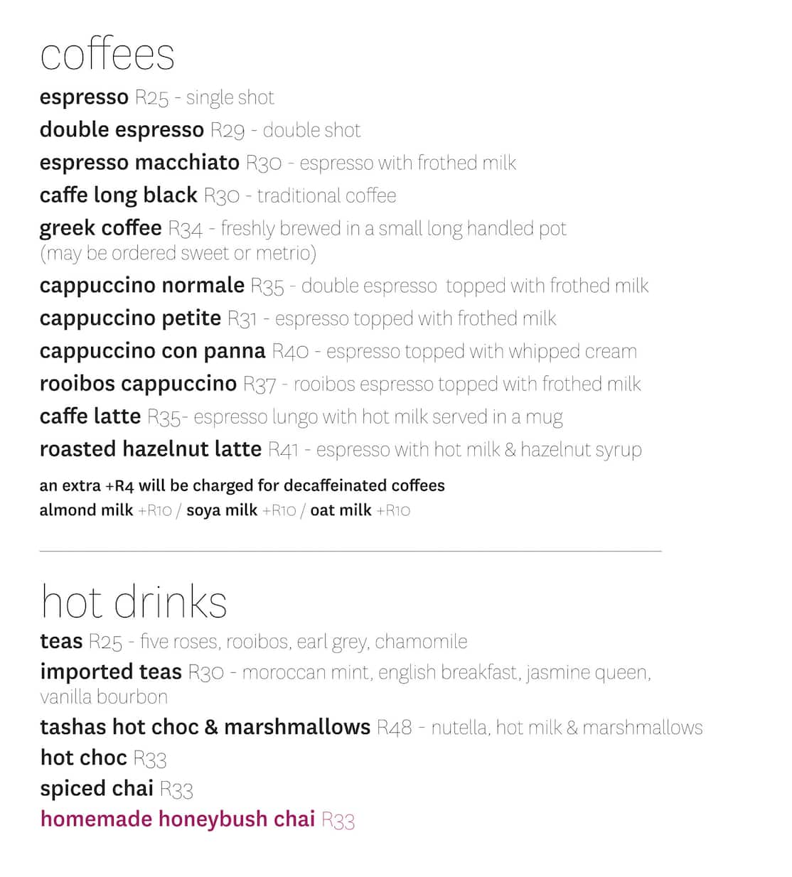 Menu at tashas Menlyn Maine restaurant, Pretoria, Ext2