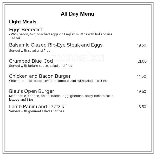 Menu at Cafe Bleu, Christchurch