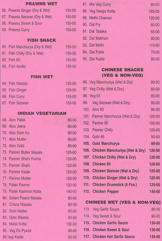 Menu at Samskruthi, Secunderabad, Sainikpuri