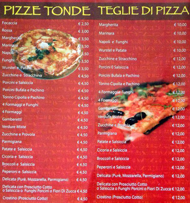 Menu at Cleopatra restaurant, Rome