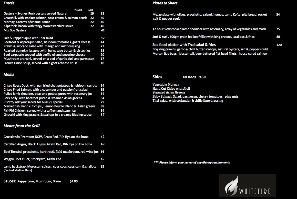 Menu at Whitefire Grill steakhouse, Chatswood West