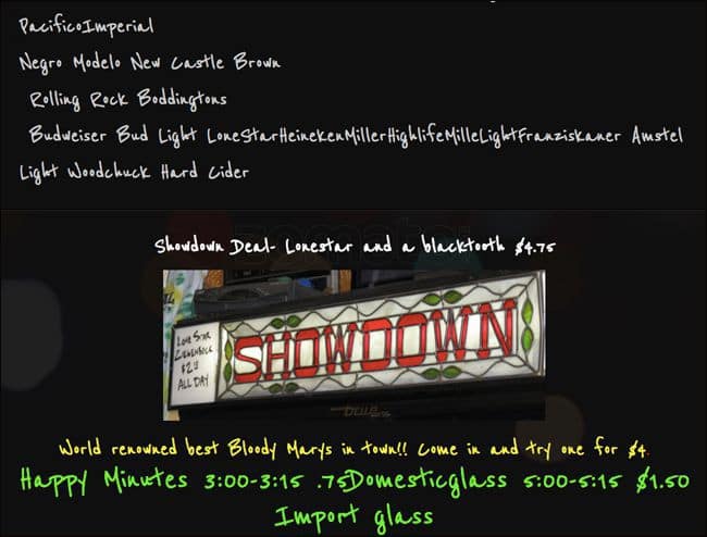 Menu at Showdown pub & bar, San Marcos