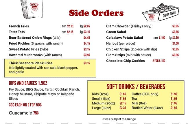 Menu at Mike's Drive-In restaurant, Oregon City