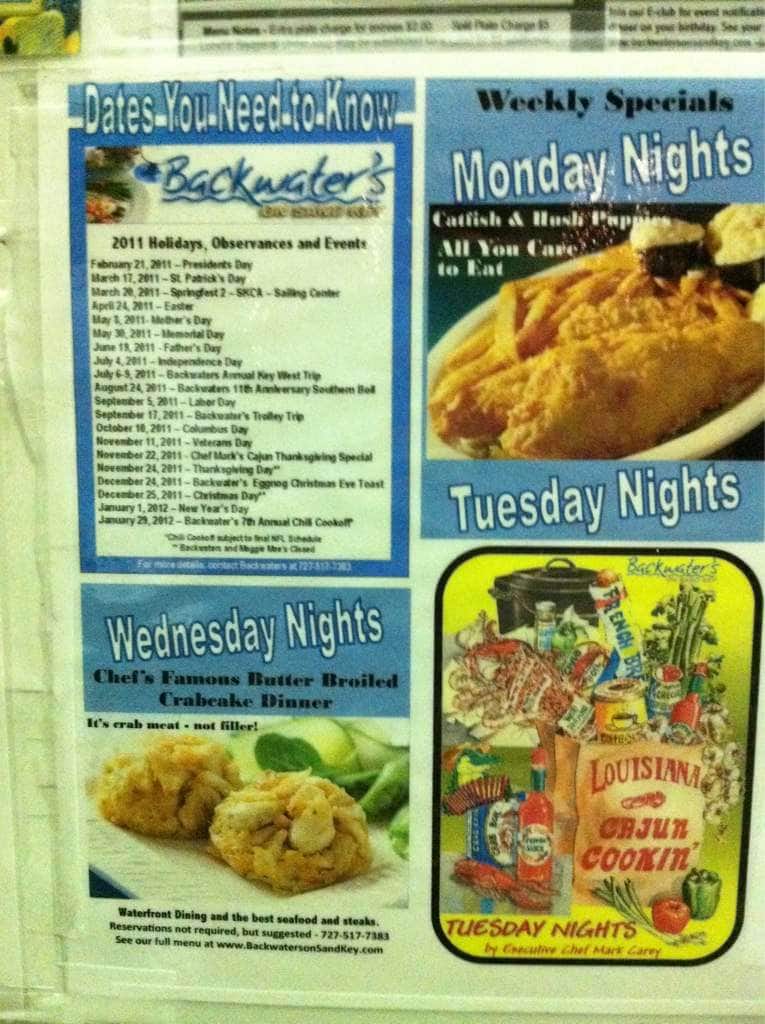 Menu at Backwaters on Sand Key restaurant, Clearwater
