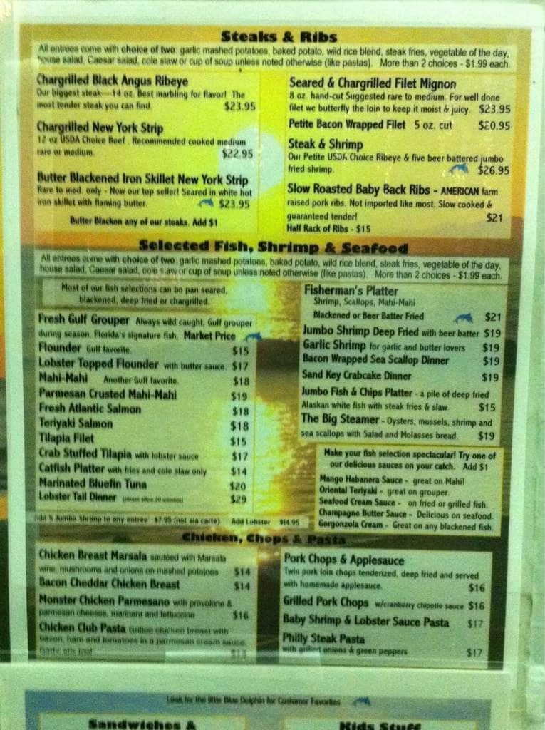 Menu at Backwaters on Sand Key restaurant, Clearwater