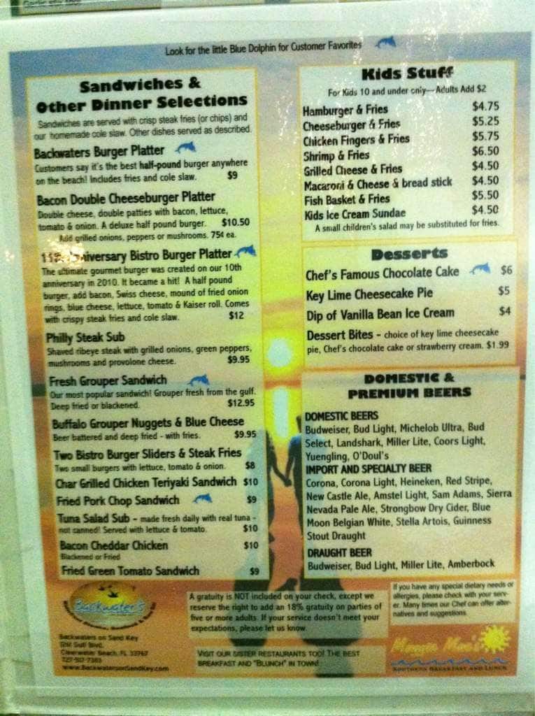 Menu at Backwaters on Sand Key restaurant, Clearwater
