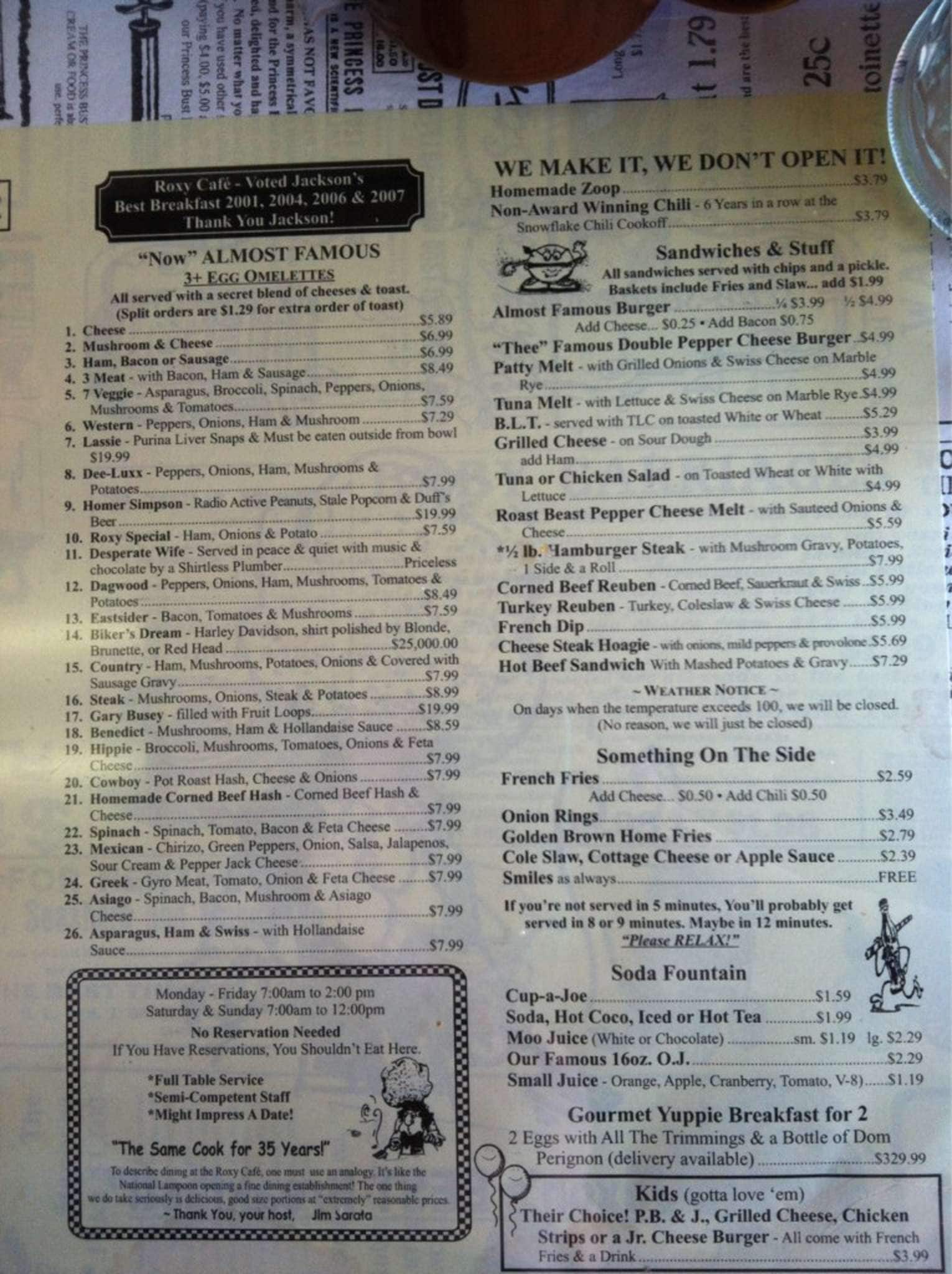 Menu at Roxy Cafe, Jackson
