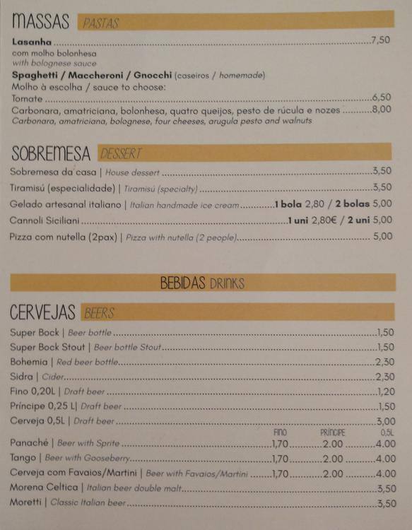 Menu at Da Mattia Pizzeria Italiana, Porto