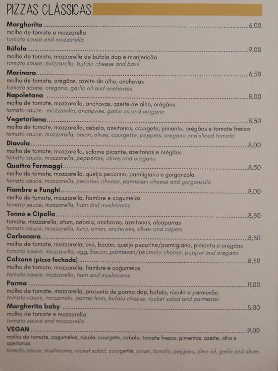 Menu at Da Mattia Pizzeria Italiana, Porto