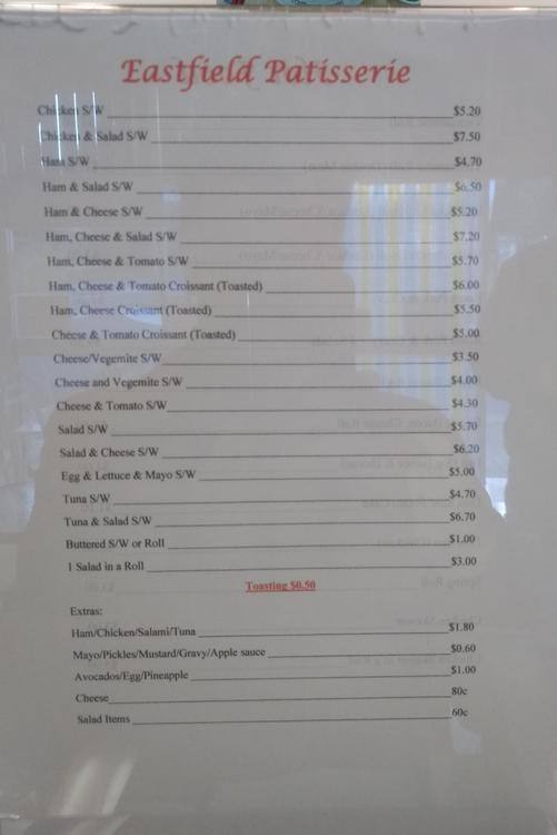 Menu at Eastfield Patisserie, Croydon South