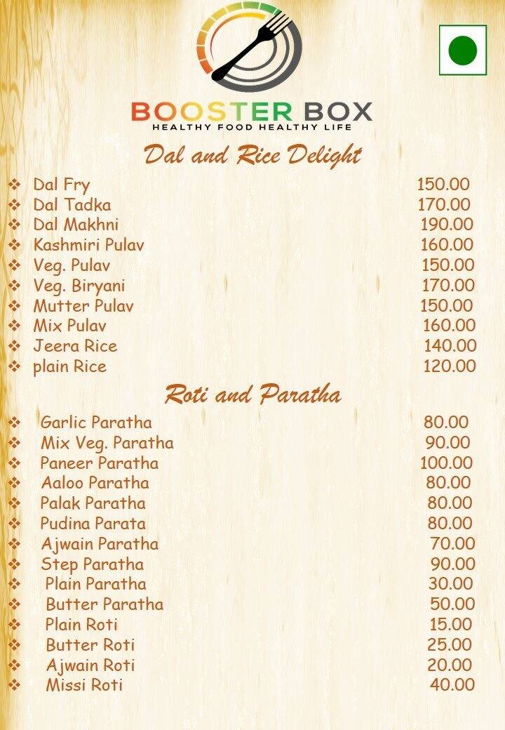 Menu of Booster Box, Memnagar, Ahmedabad