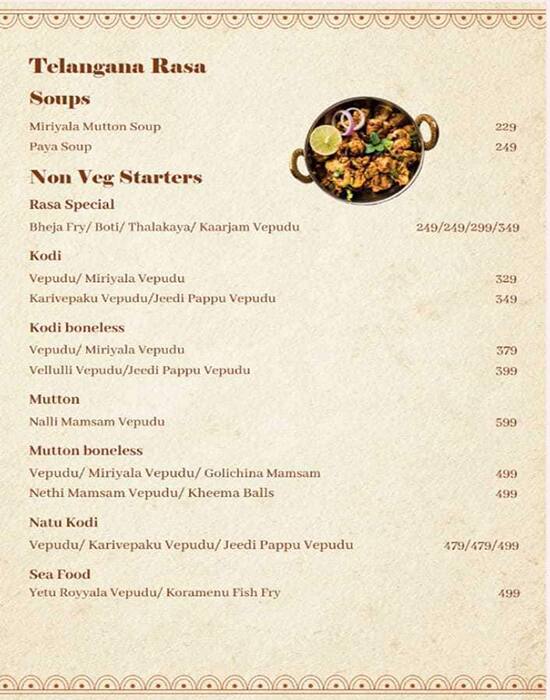 Menu of Rasa Telangana, A S Rao Nagar, Secunderabad