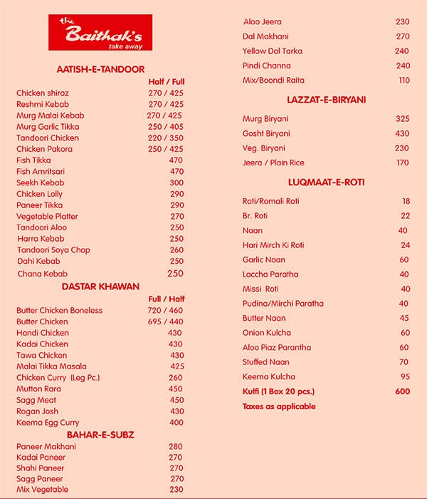 Menu at The Baithak's Restaurant, New Delhi, 18/41